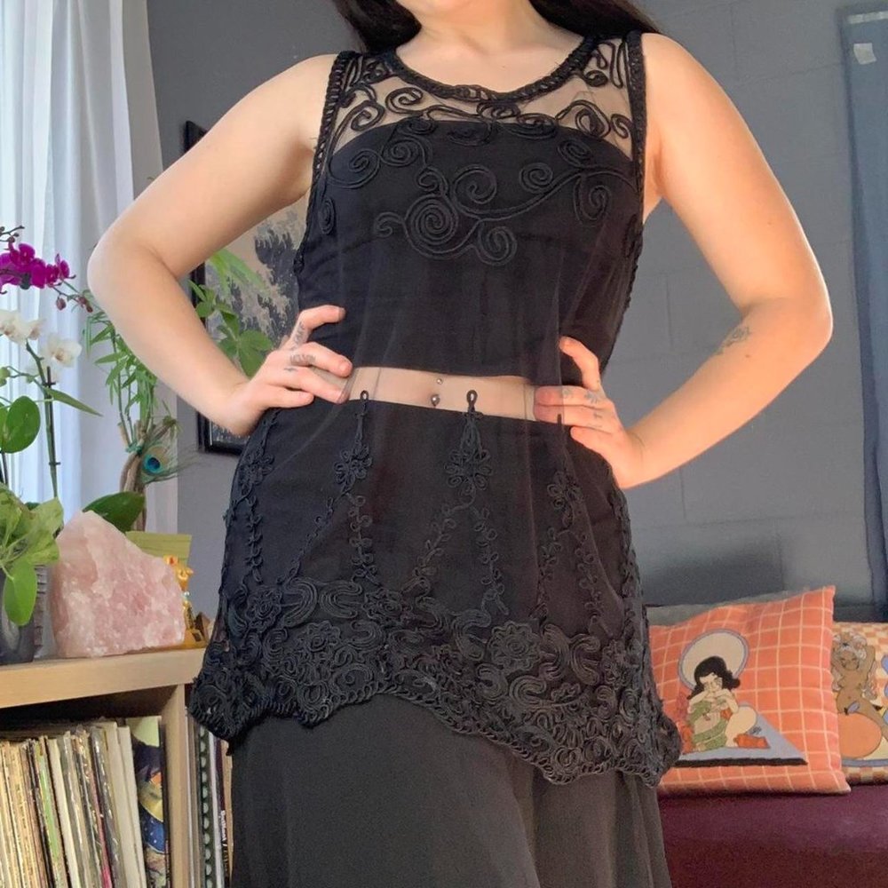 Sheer Gothic Embellished Mesh Sleeveless Tunic - Gem